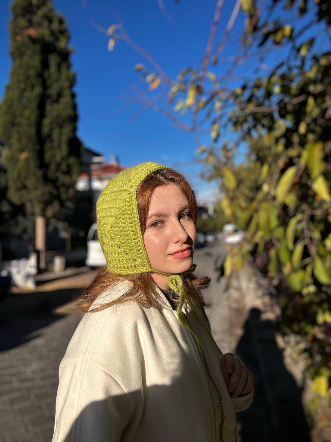 Hand-knitted Adult Bow Tie Bonnet, Handmade Green Bonnet, Unisex Bonnet ...