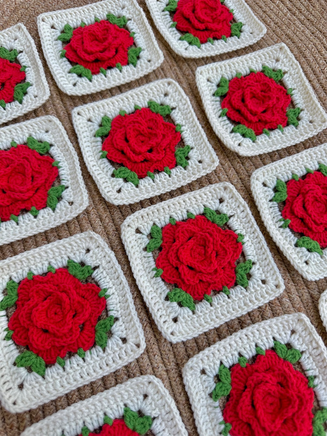 Crochet Rose Square Motif Set, Handmade Crochet Granny Square Motif ...