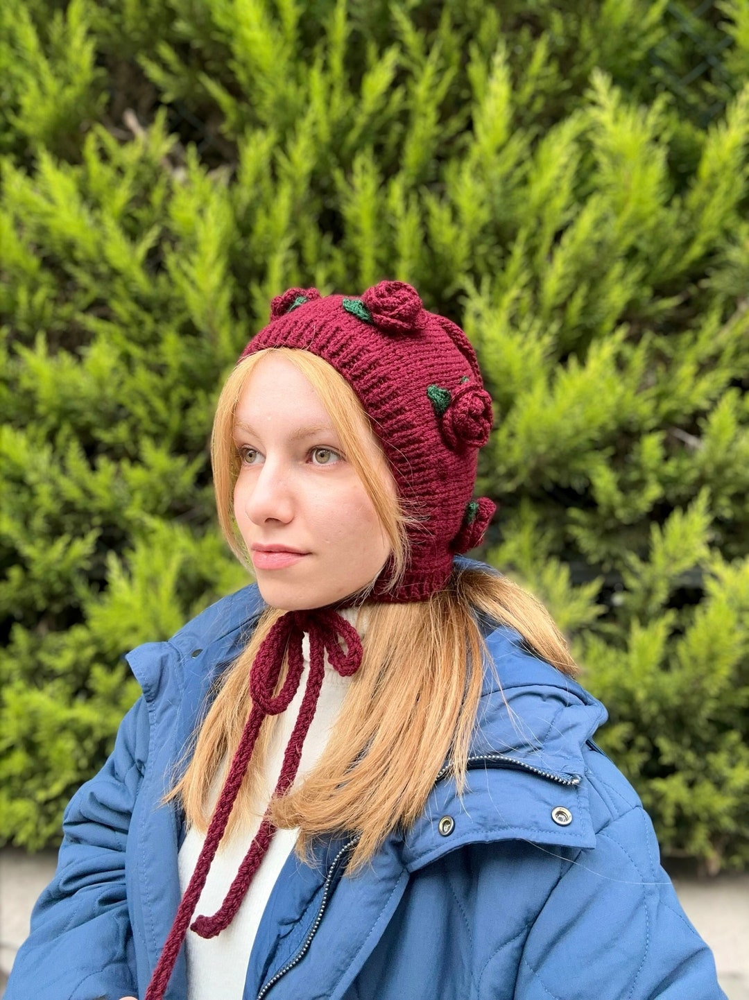 Hand Knit Tie Bonnet,handknitted Red Bonnet, Rose Winter Warm Hat ...