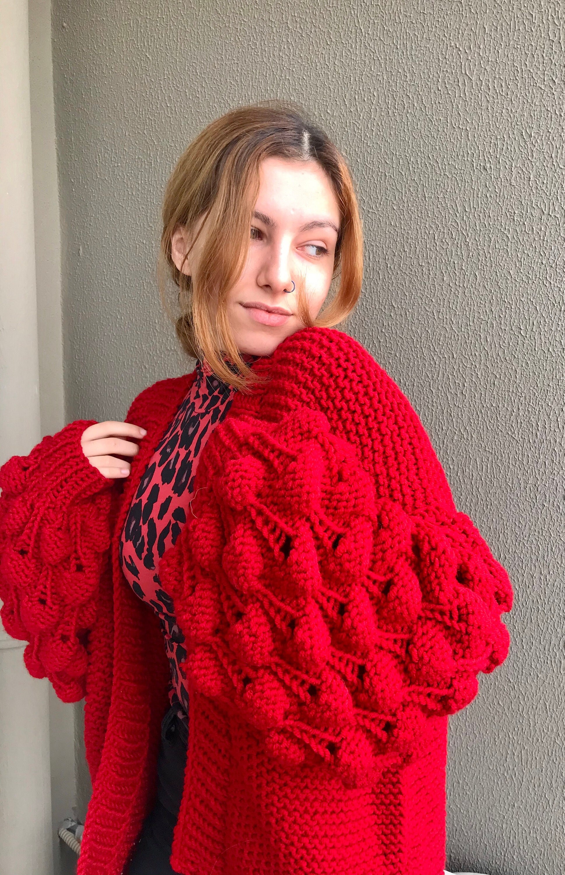 Red Bubble Sleeve Cardigan Oversized Knit Cardigan Chunky - Etsy
