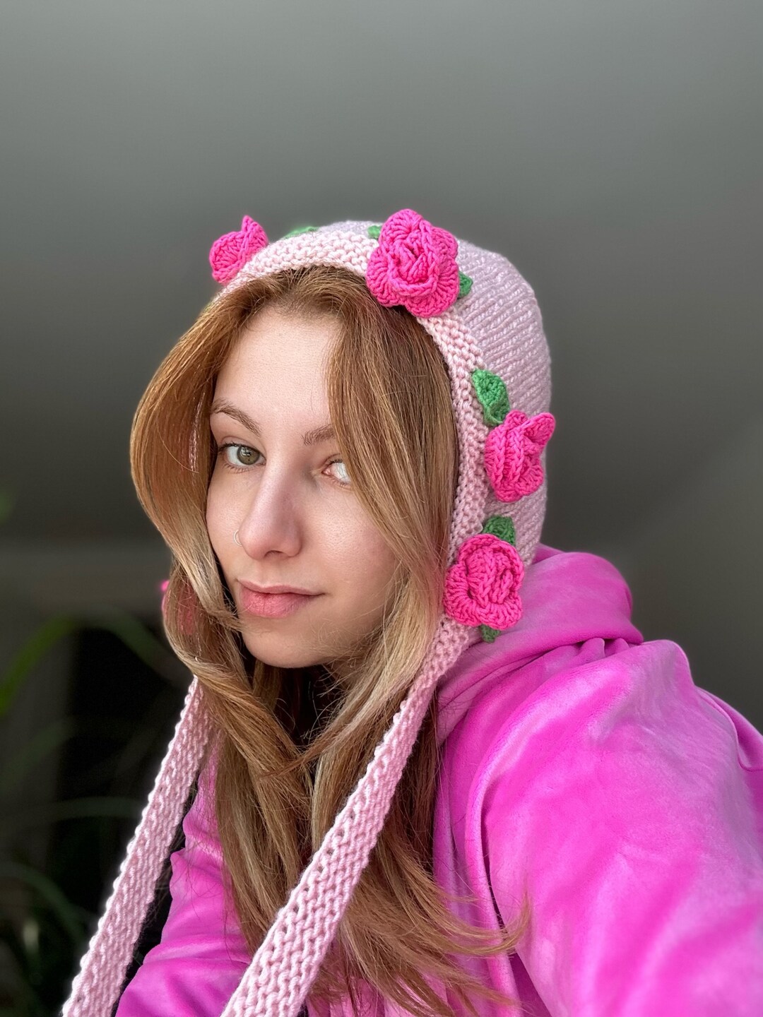 Hand Knit Tie Bonnet, Rose Winter Warm Hat, Crochet Balaclava Bonnet ...