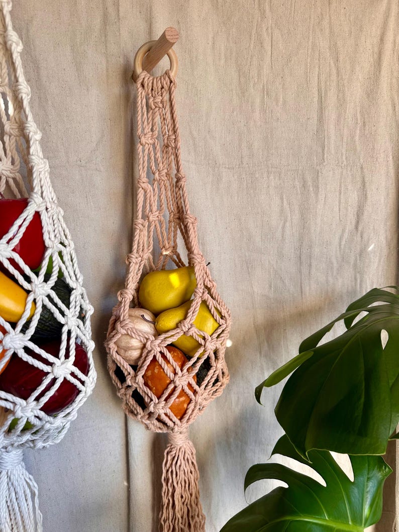 Macrame Hanging Basket, Fruit & Veggie Holder Boho Wall Basket Storage ...
