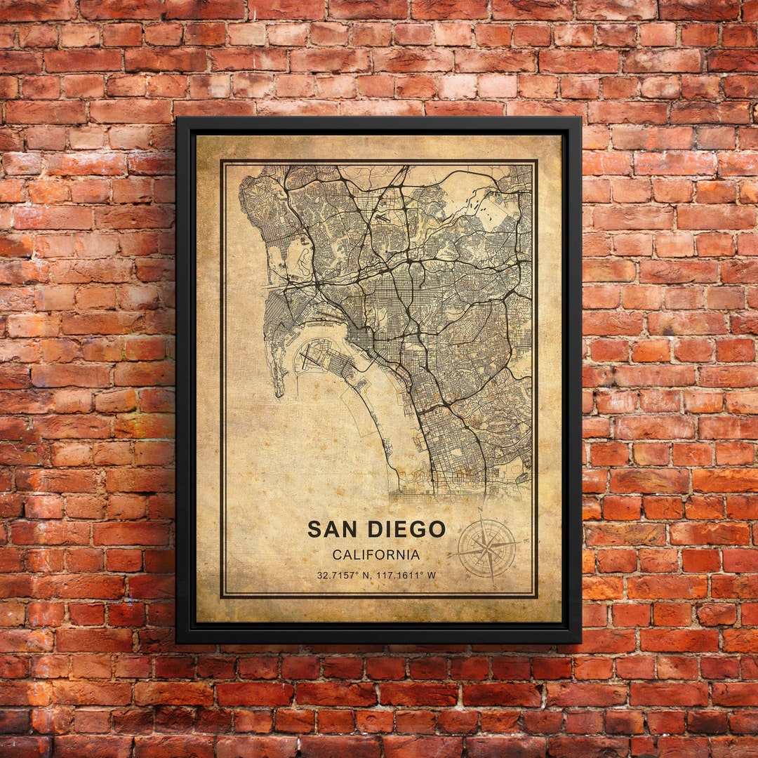 San Diego Map Vintage Canvas Print, San Diego California Map Poster Art ...