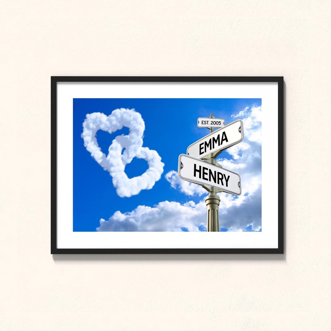 Custom Name Street Sign With Clouds Hearts Canvas Print, Personalized ...