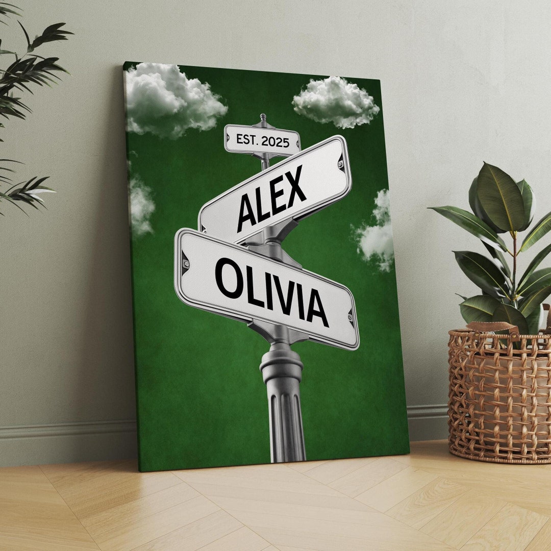 Custom Street Sign Any Names Canvas Wall Art Print, Green Sky ...