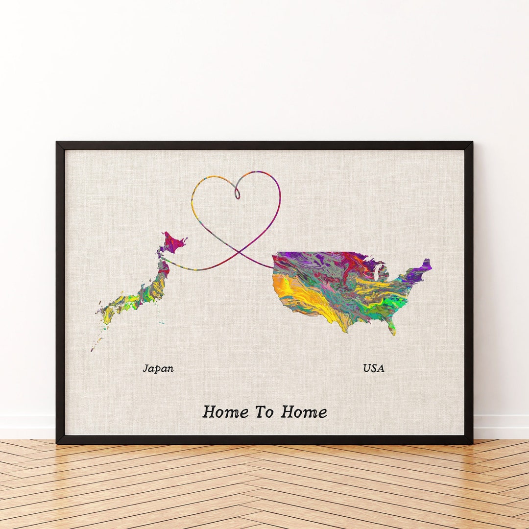 Japan and USA Map Canvas Print, Any Two States or Countries Map Poster ...