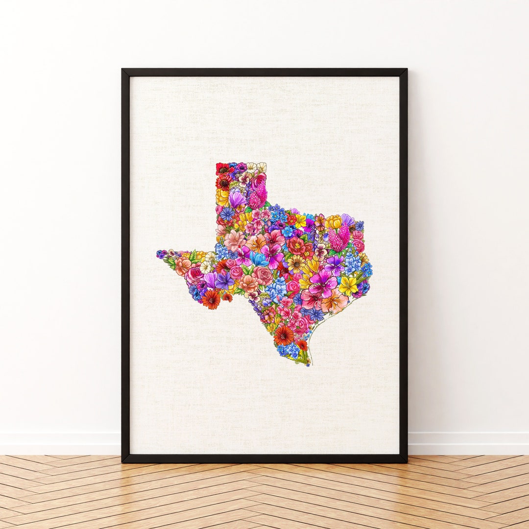 Texas State From Watercolor Flowers Canvas Wall Art, Texas Flowers ...