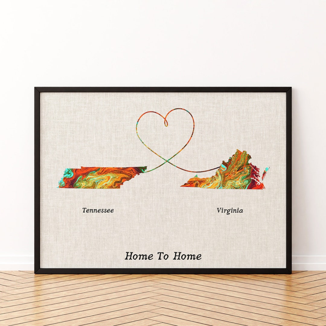 Tennessee and Virginia Map Canvas Print, Any Two States or Countries ...