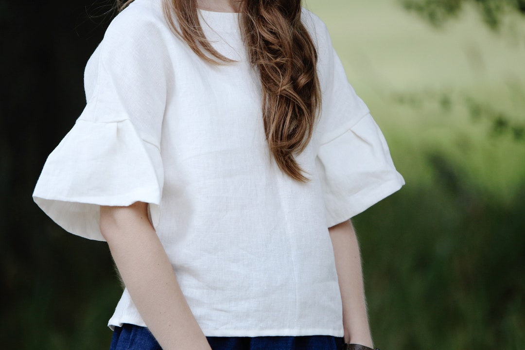 Linen Ruffle Sleeve Top IZABELLA, Ruffle Sleeve Blouse, Linen Ruffle ...