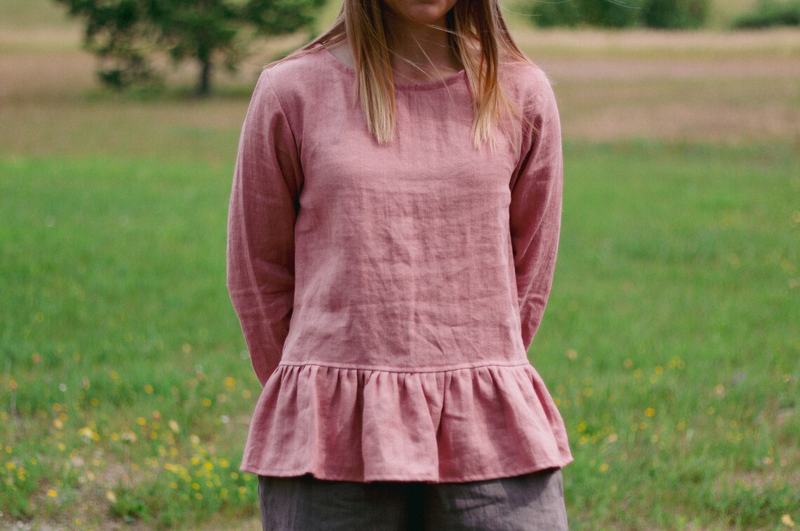 Linen Long Sleeve Ruffle Top KARLINA, Linen Blouse, Linen Top With Long ...