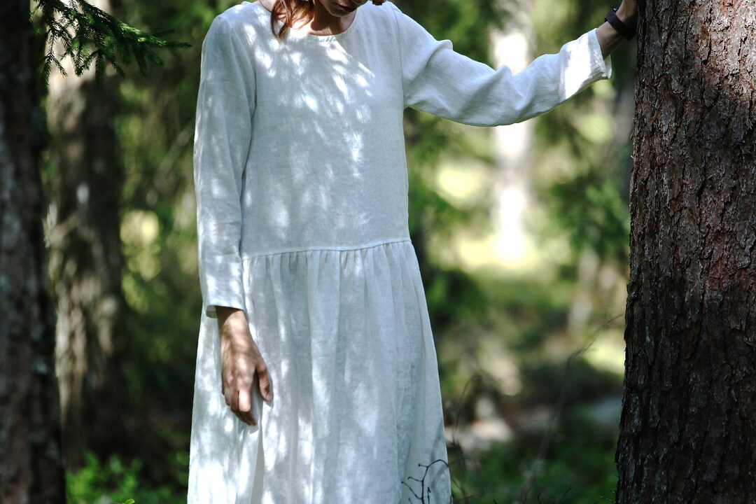 SALE / READY S 2xl Size, Ruffle Linen Dress Midi Length GABRIELA, Linen ...