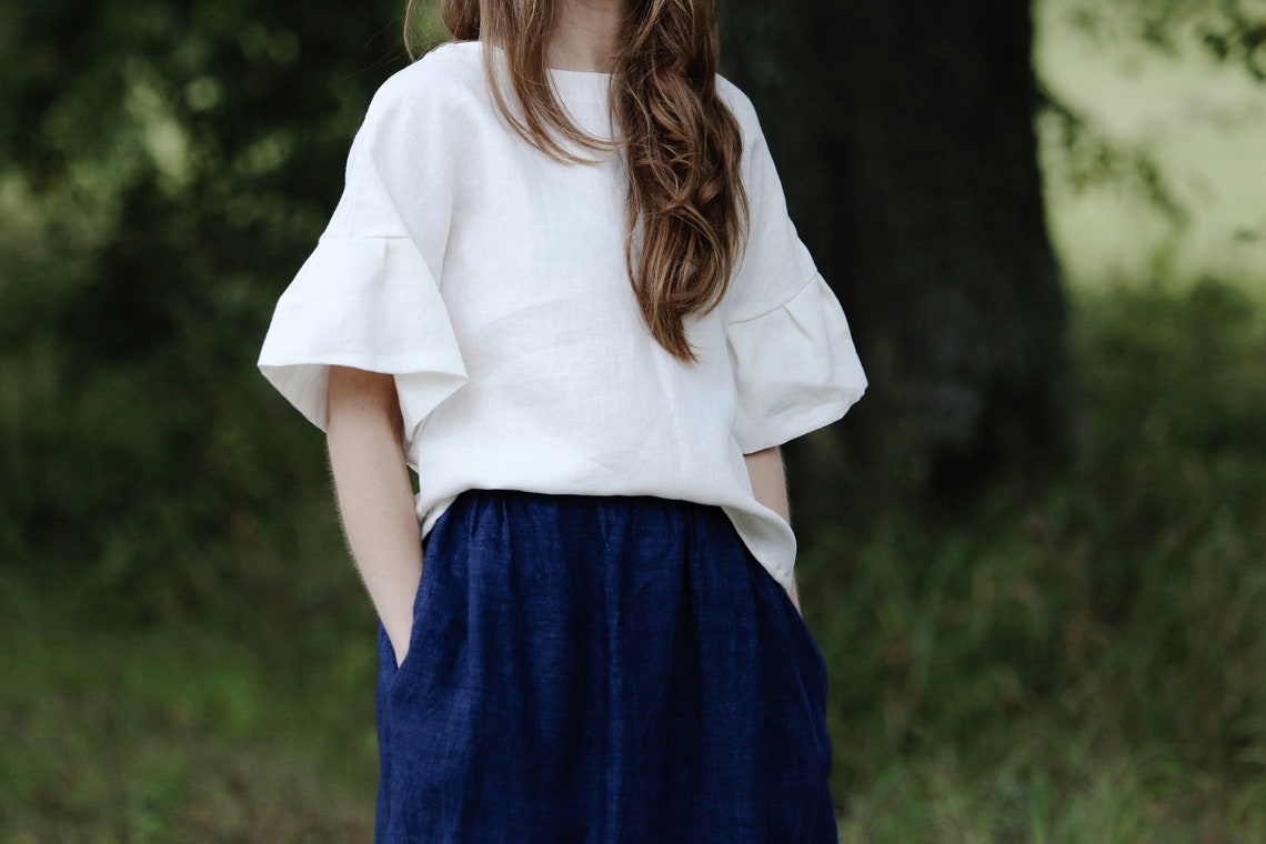 Linen Ruffle Sleeve Top IZABELLA, Ruffle Sleeve Blouse, Linen Ruffle ...