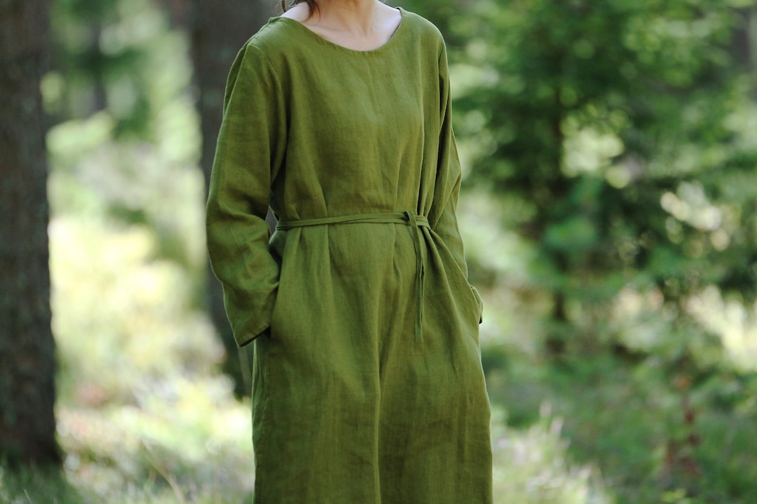 Casual Linen Dress Long Sleeve KATRINA, Linen Dress, Midi Work Dress ...