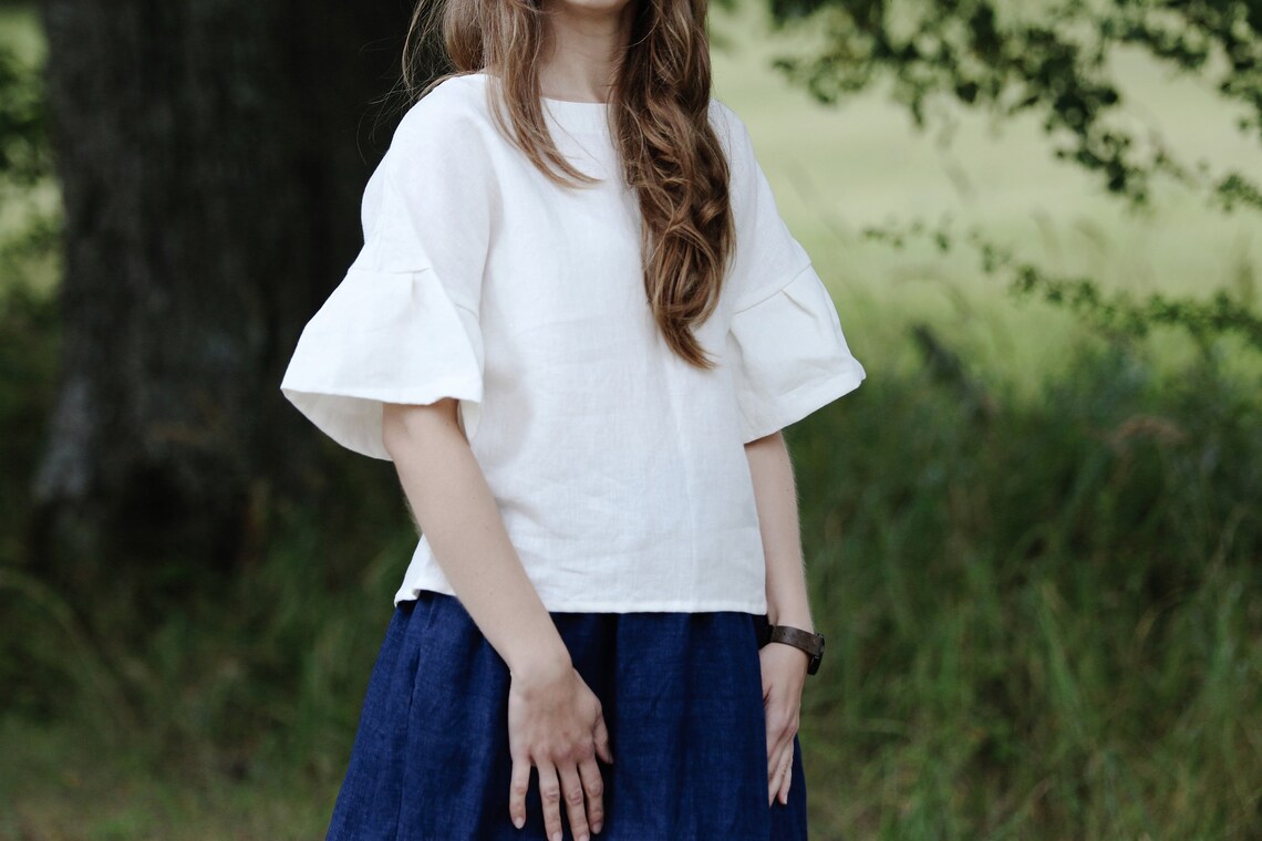 Linen Ruffle Sleeve Top IZABELLA, Ruffle Sleeve Blouse, Linen Ruffle ...