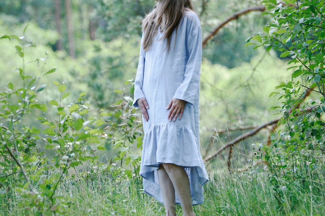 SALE / READY S Size, Long Ruffle Linen Dress RITA, Linen Summer Dress ...