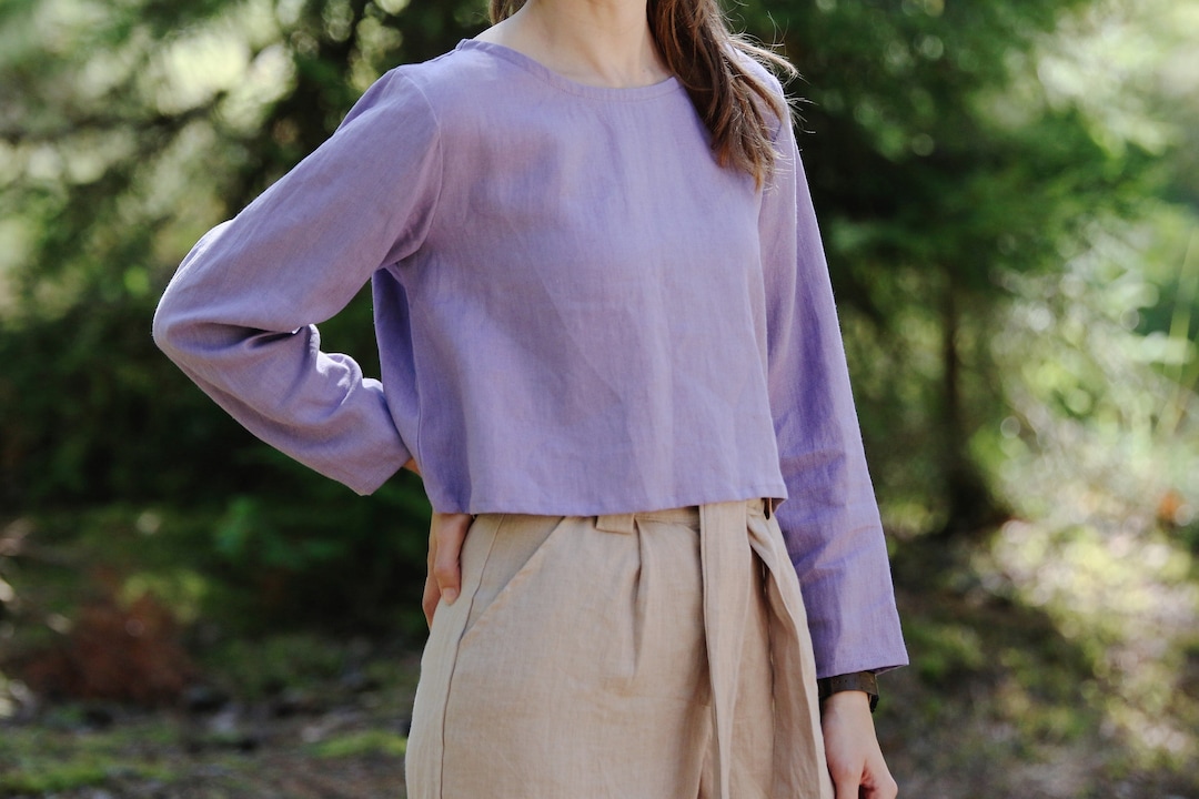 Long Sleeve Crop Top KETIJA, Linen Crop Top, Long Sleeve Linen Blouse ...