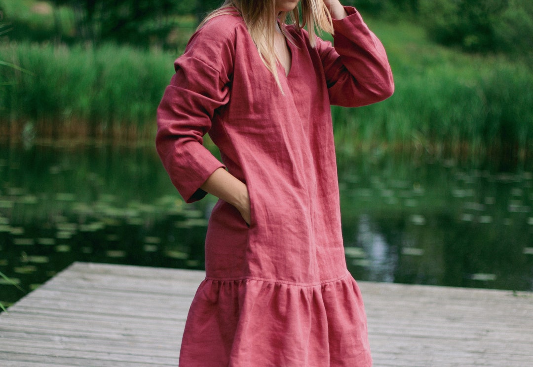 SALE / READY S Size, Ruffle Linen Dress RUTA, Linen Summer Dress ...