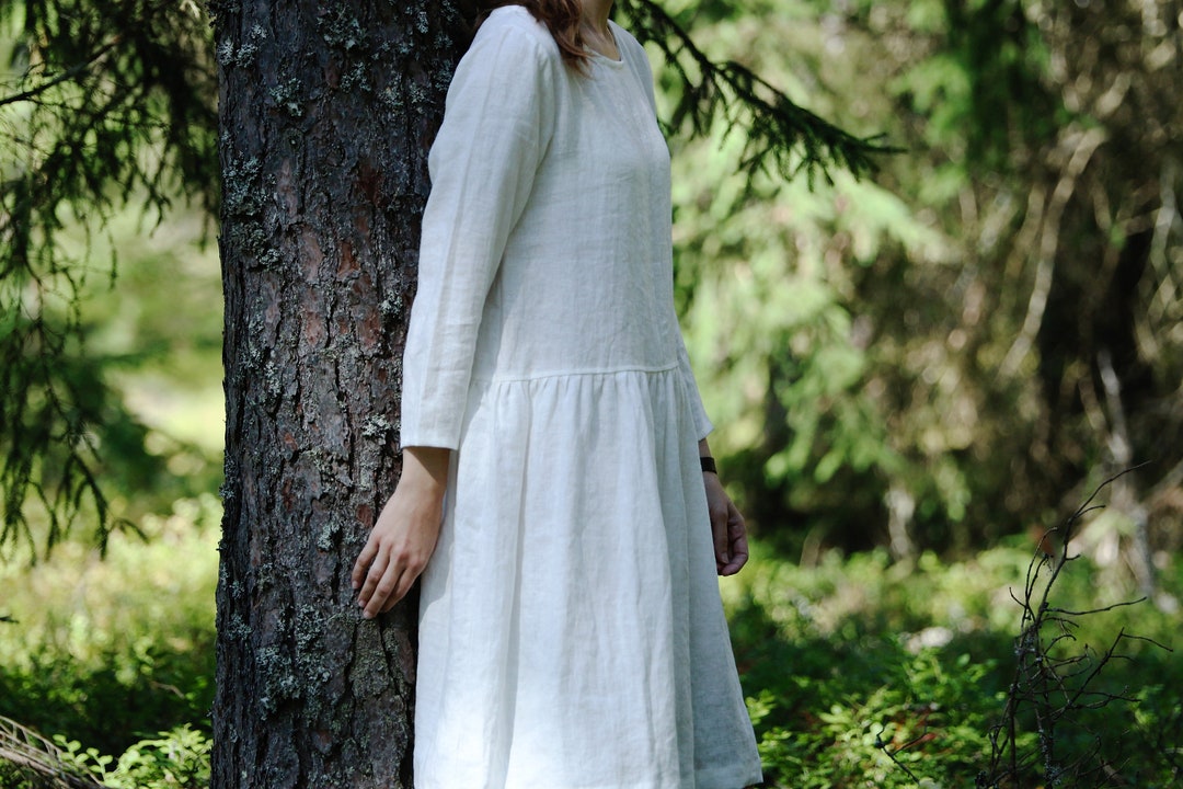 Ruffle Linen Dress Midi Lenght GABRIELA, Linen Dress Long Sleeve ...