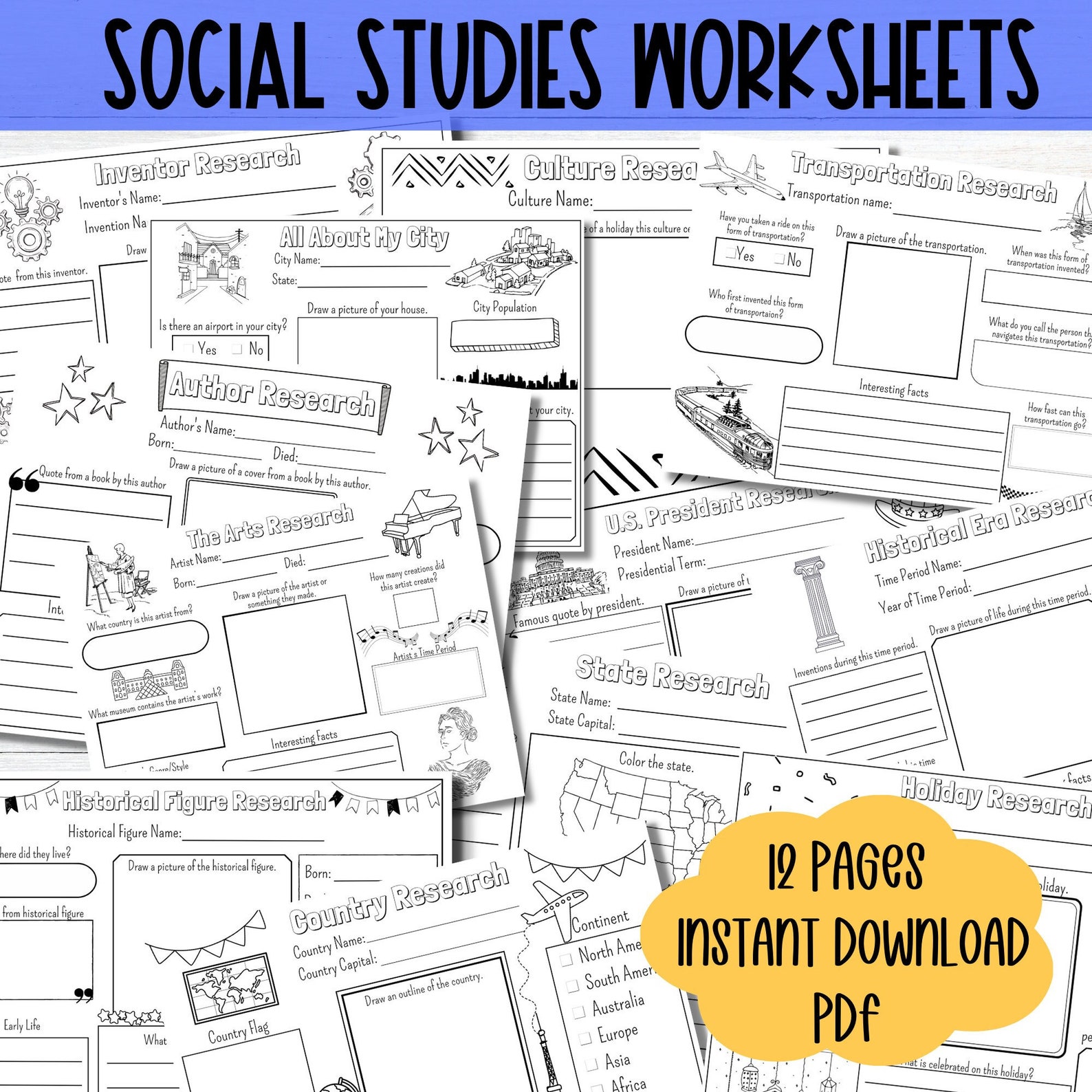 Social Studies Research Worksheet Bundle | Homeschool History (PDF) - Etsy