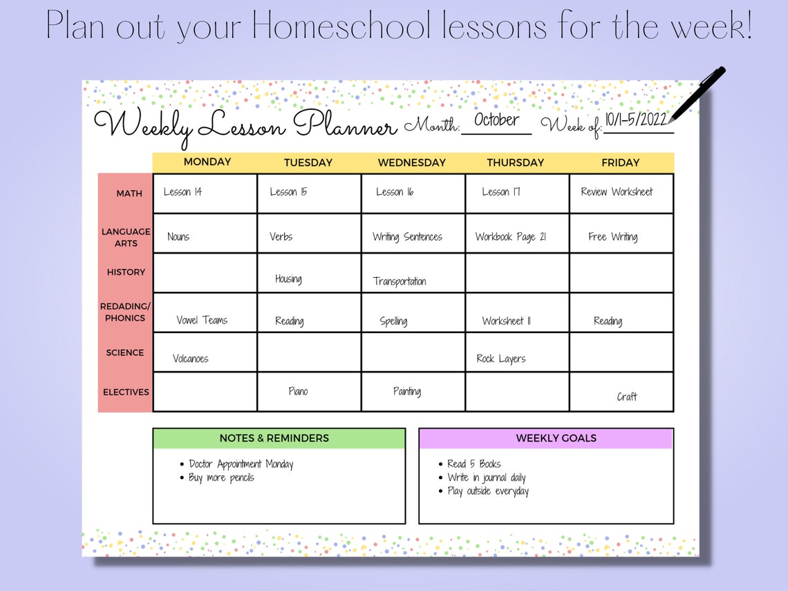 Printable Weekly Lesson Planner Homeschool Weekly Planner - Etsy