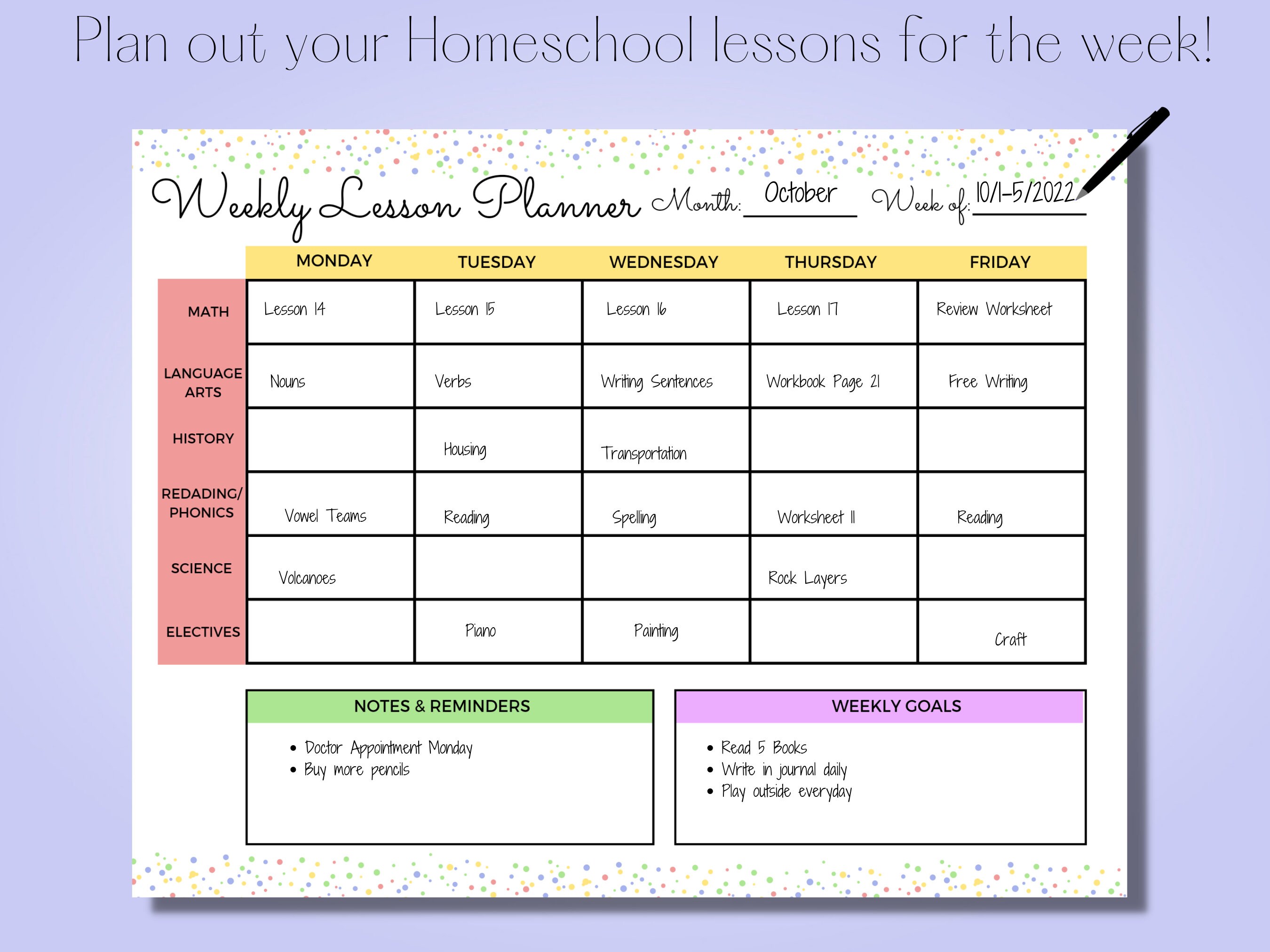 Printable Weekly Lesson Planner Homeschool Weekly Planner - Etsy
