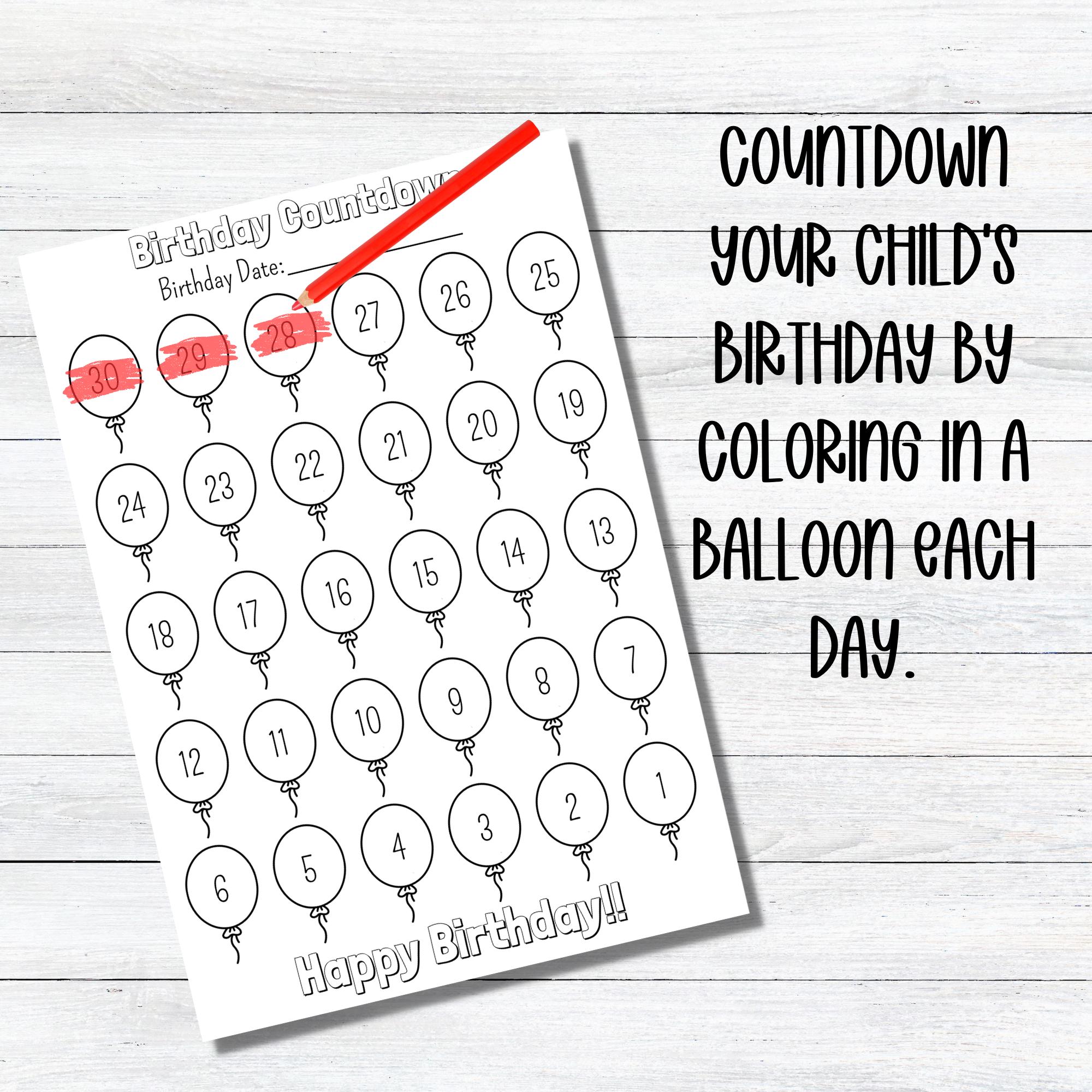 Birthday Countdown Printable 30 Day Birthday Coloring Balloon Countdown ...