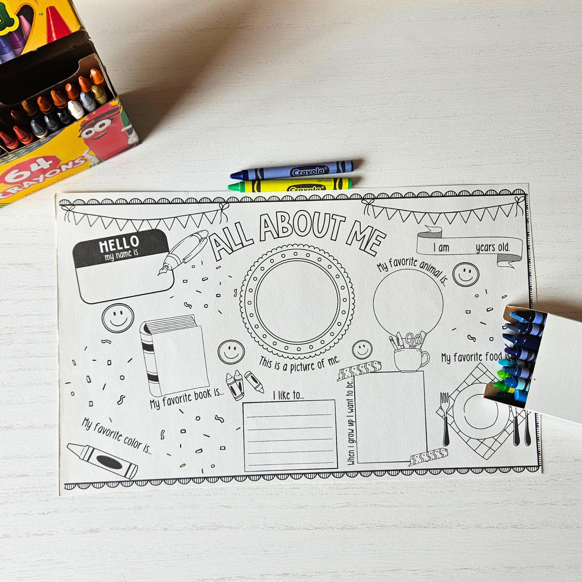 Kids All About Me Coloring Page Printable Placemat Party Activity ...