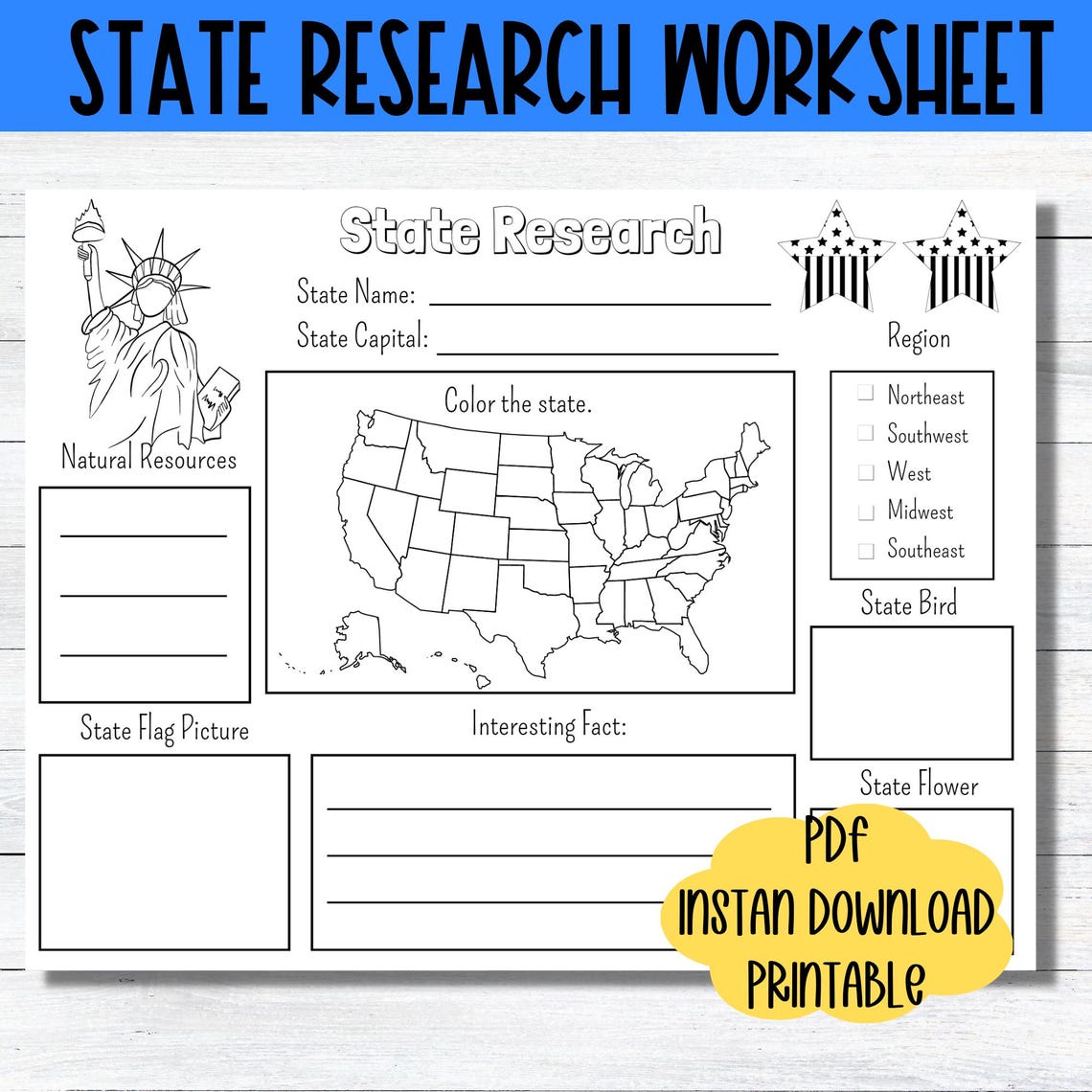 US State Research Worksheet Printable Homeschool State Facts Worksheet ...