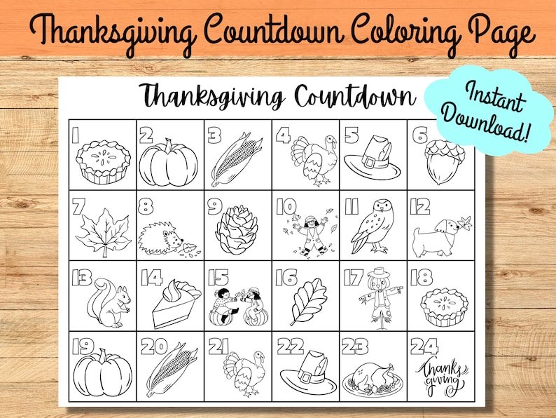 Thanksgiving Countdown Coloring Page Thankful for Worksheet - Etsy