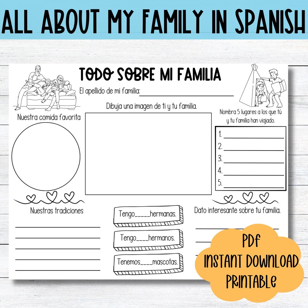 Spanish All About My Family Worksheet: Printable Coloring Page (PDF) - Etsy