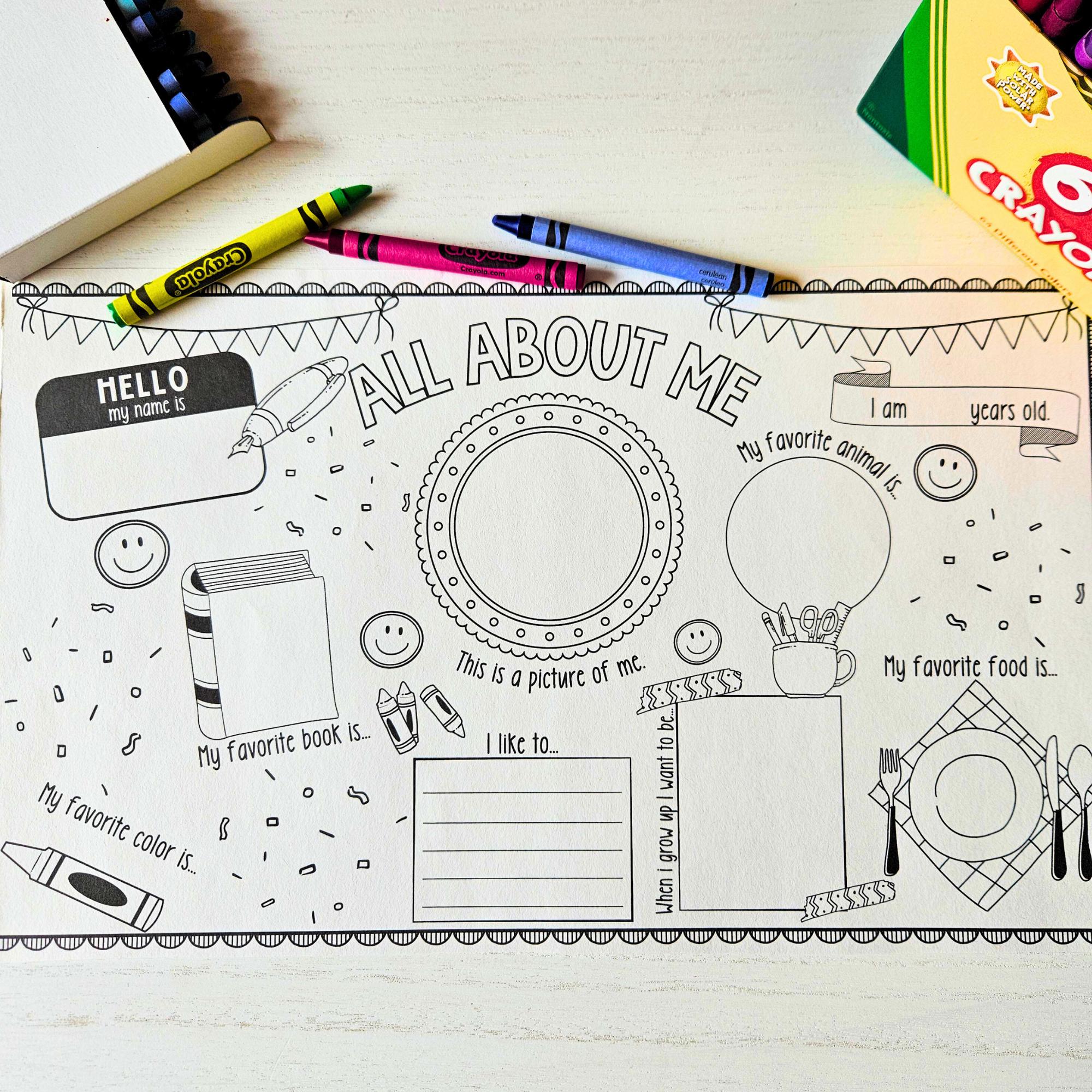 Kids All About Me Coloring Page Printable Placemat Party Activity ...