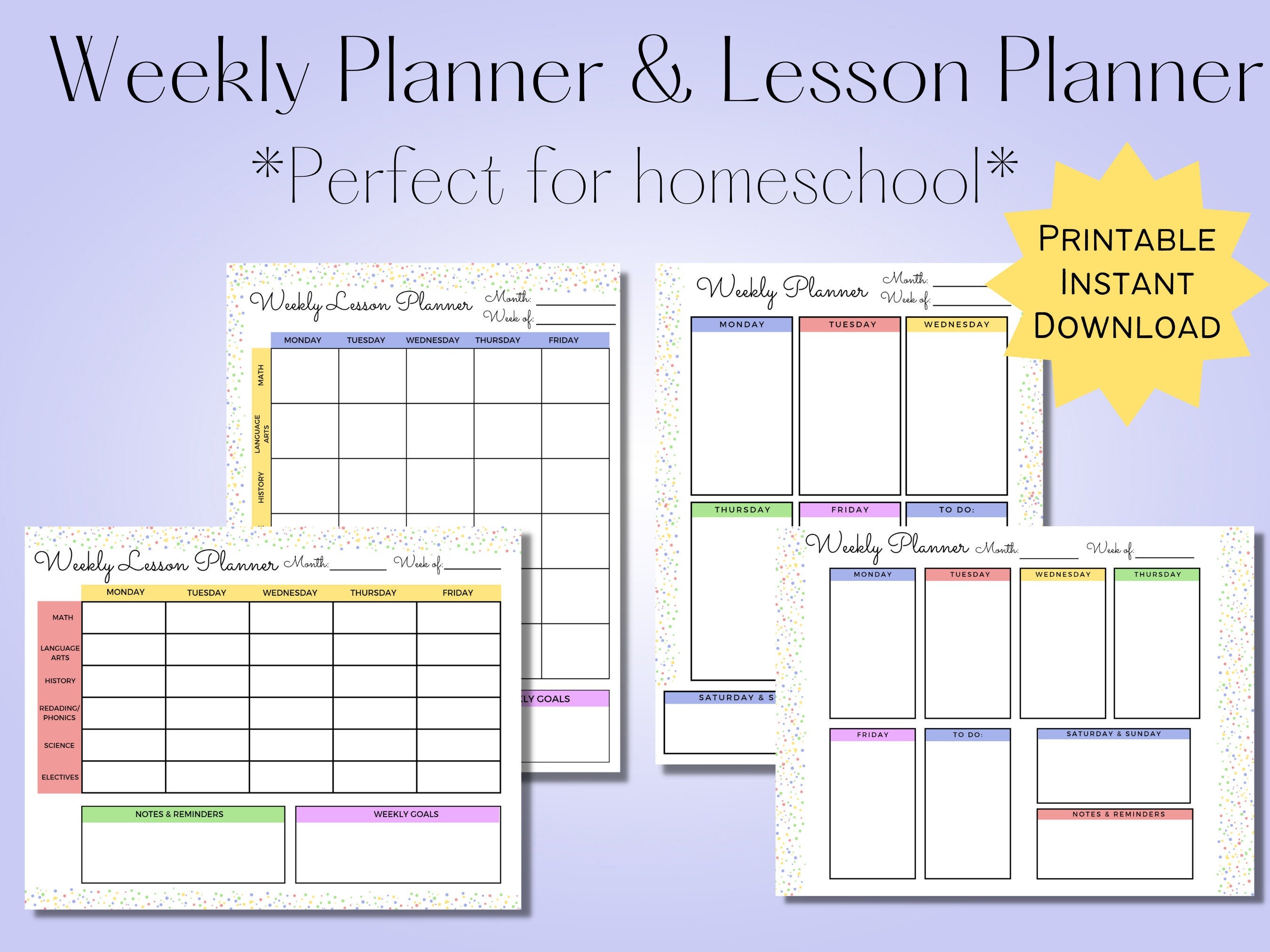 Printable Weekly Lesson Planner Homeschool Weekly Planner Homeschool ...