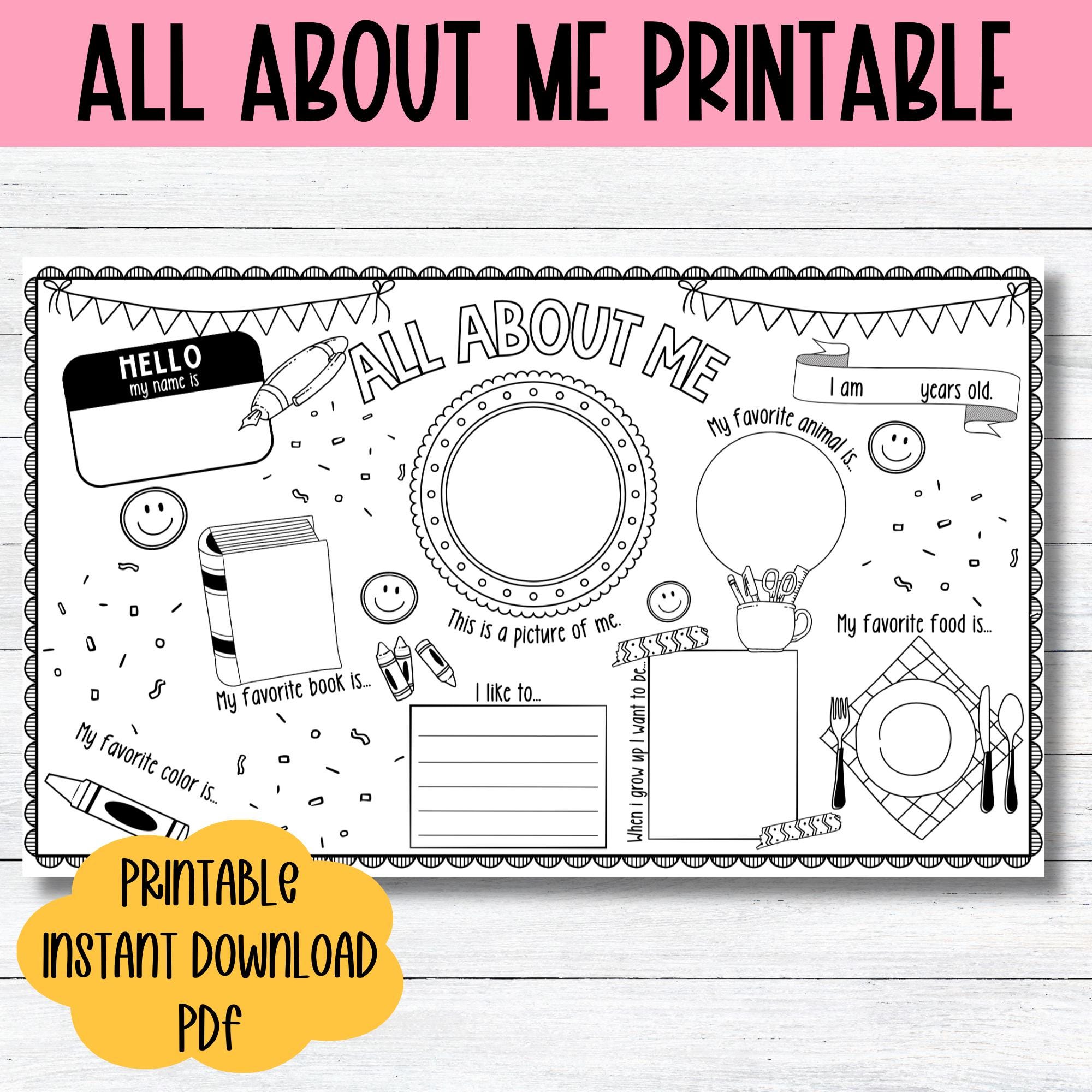 Kids All About Me Coloring Page Printable Placemat Party Activity ...