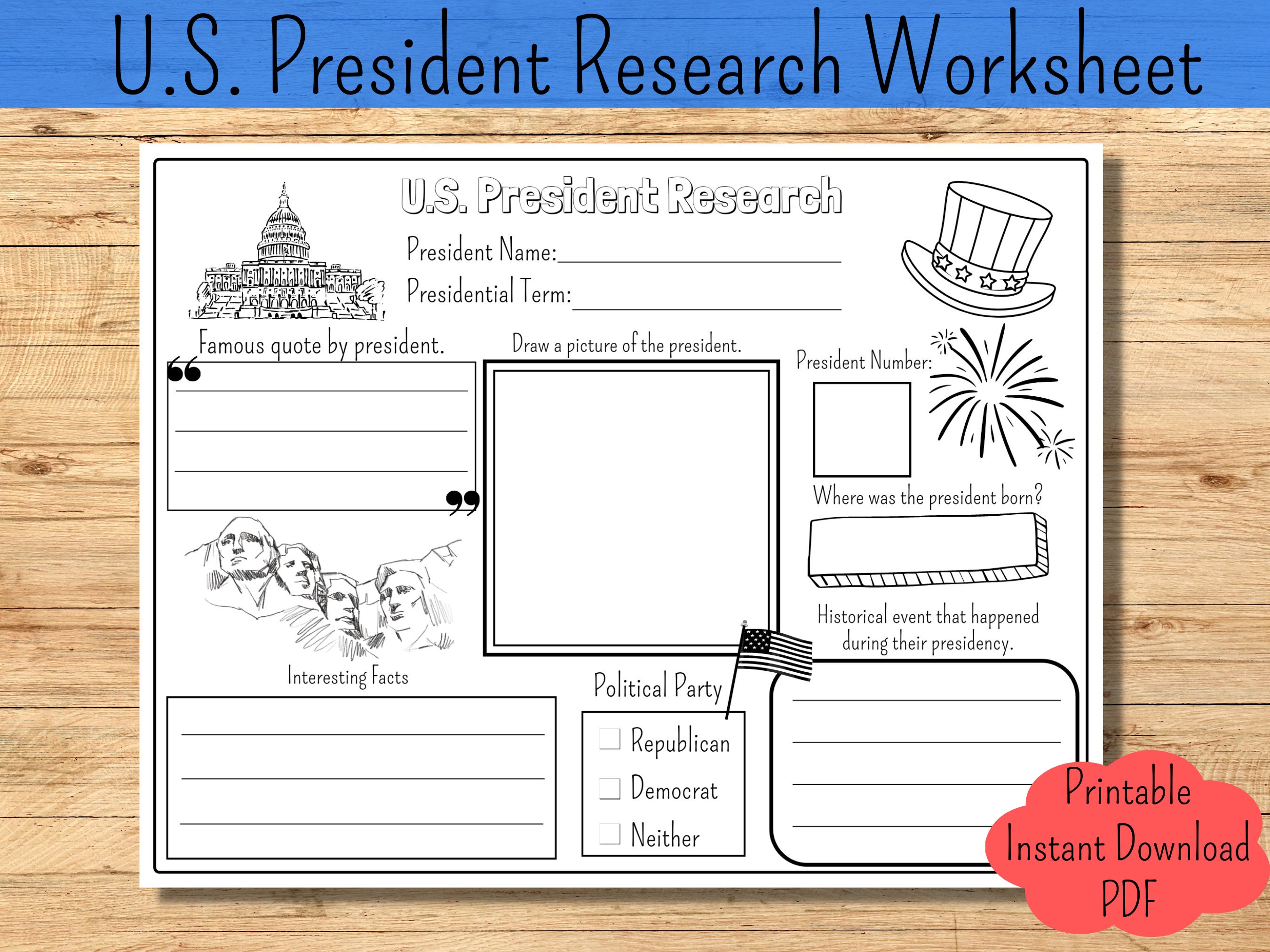 Presidents Activity Worksheet History U.S. President Research Social ...