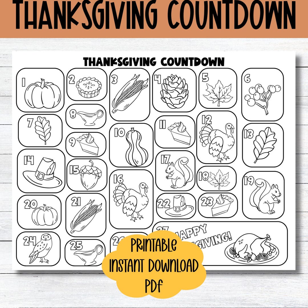 Thanksgiving Calendar Countdown Printable Coloring Page Turkey Day ...
