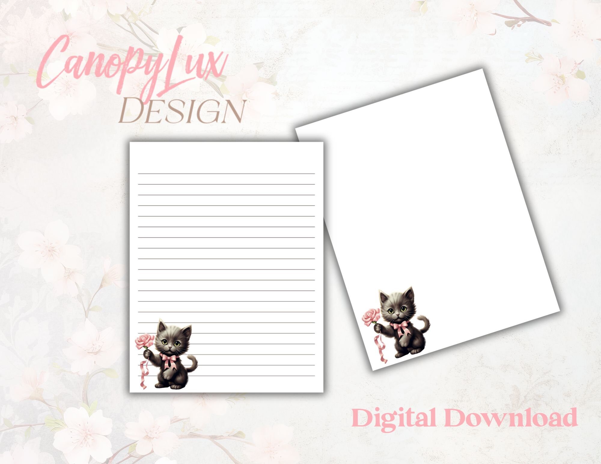 Kitten With Rose Stationery Printable Paper/writing Paper/8.5x11 US ...