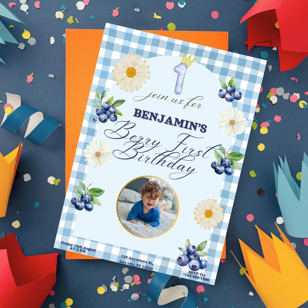 Blue Gingham Berry First Birthday Invitation Bundle, Blueberry 1st ...