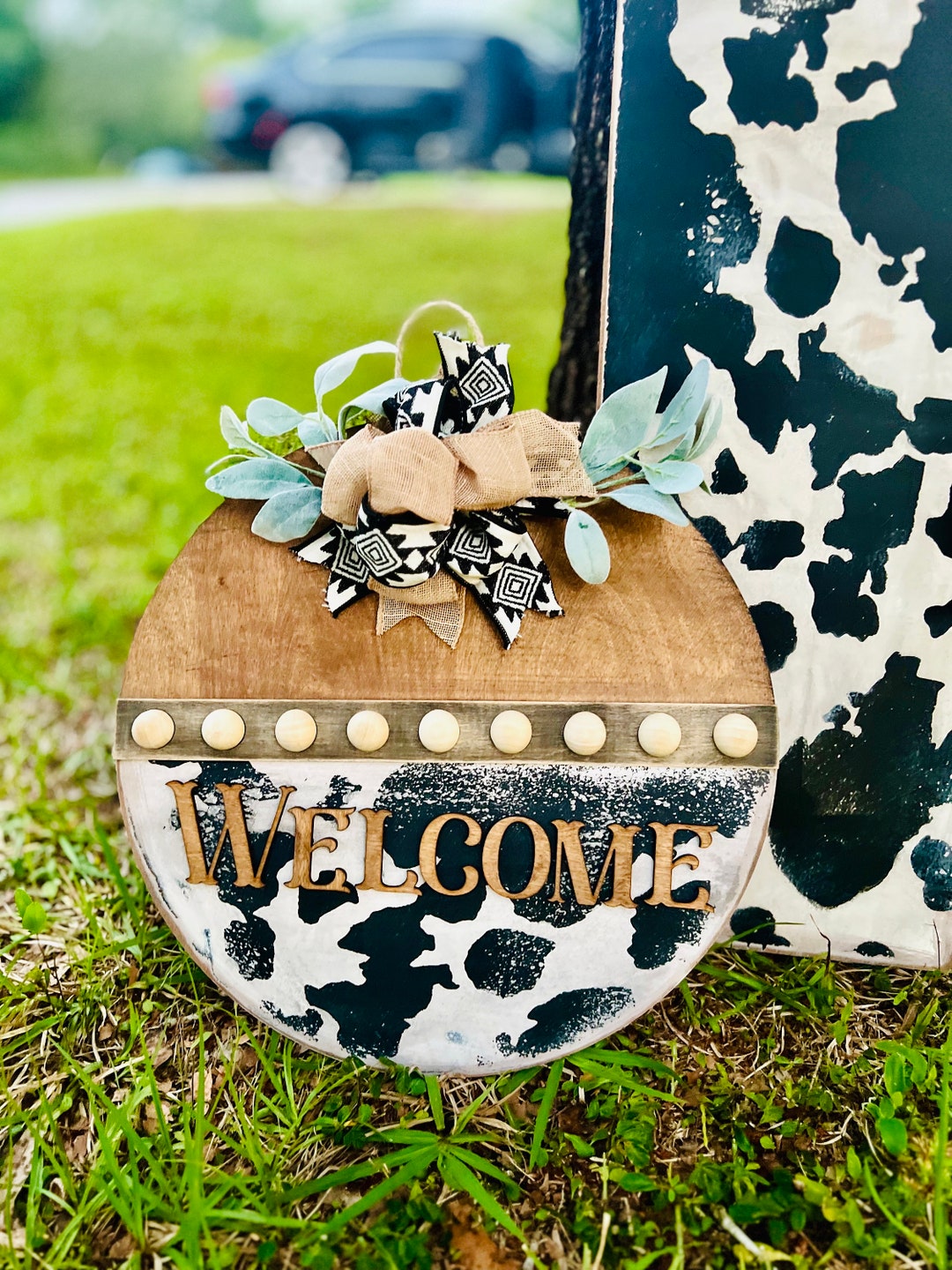 Cow Print Front Porch Door Hanger, Farmhouse Door Hanger, Highland Cow ...