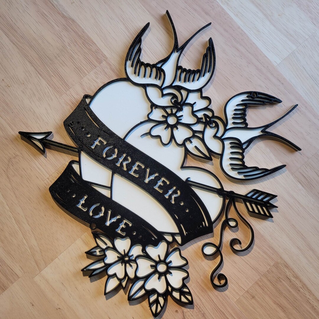 3D Tattoo Style Forever Love Birds Sign: Hand-painted Wooden Wall Art ...