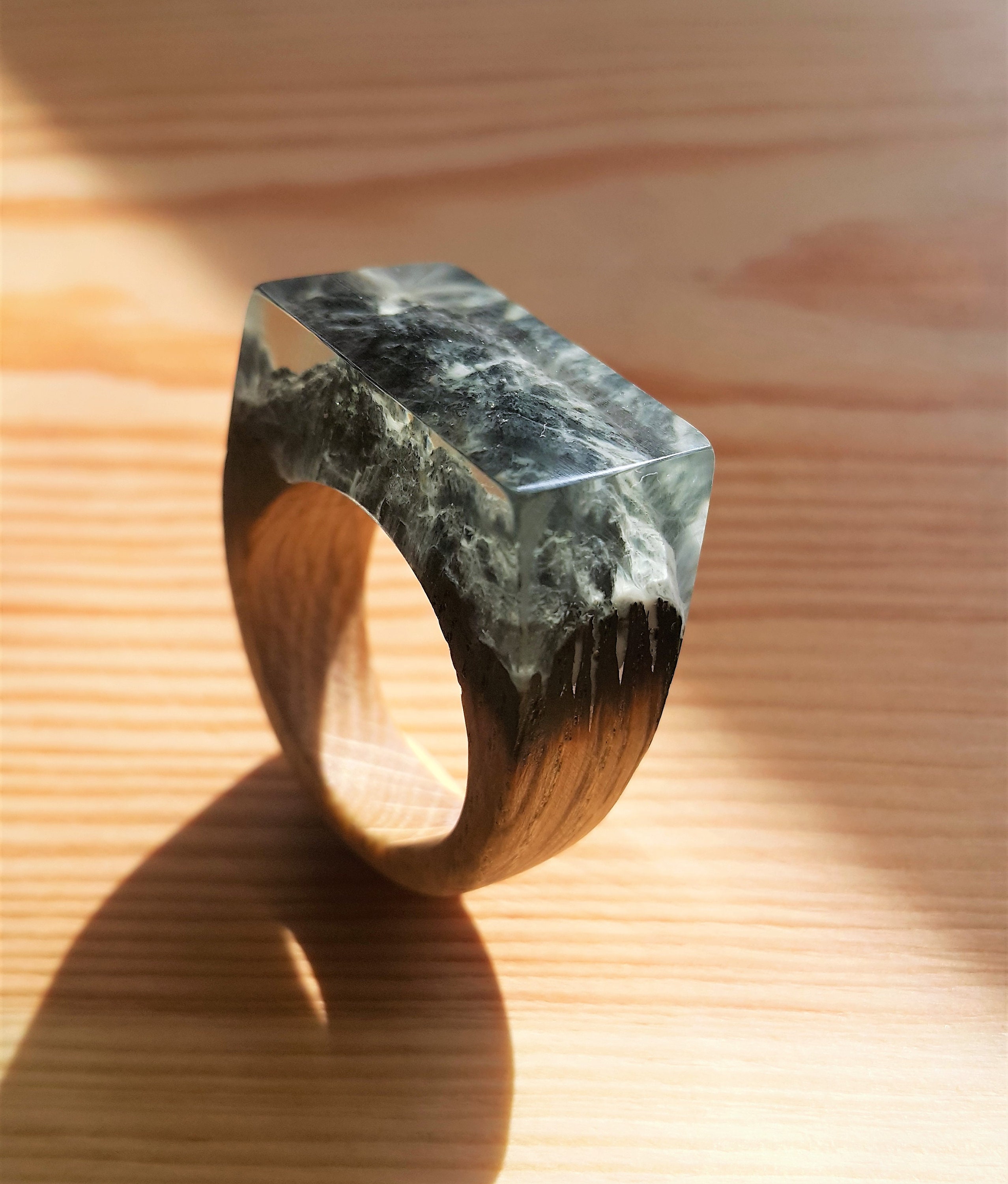 Snowy Mountain Wood Ring for Men or Women, Resin Coated Natural Wood ...