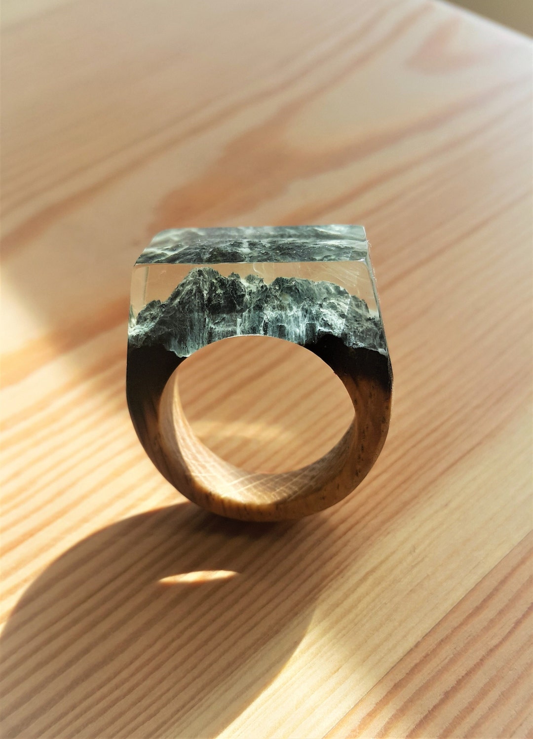 Snowy Mountain Wood Ring for Men or Women, Resin Coated Natural Wood ...