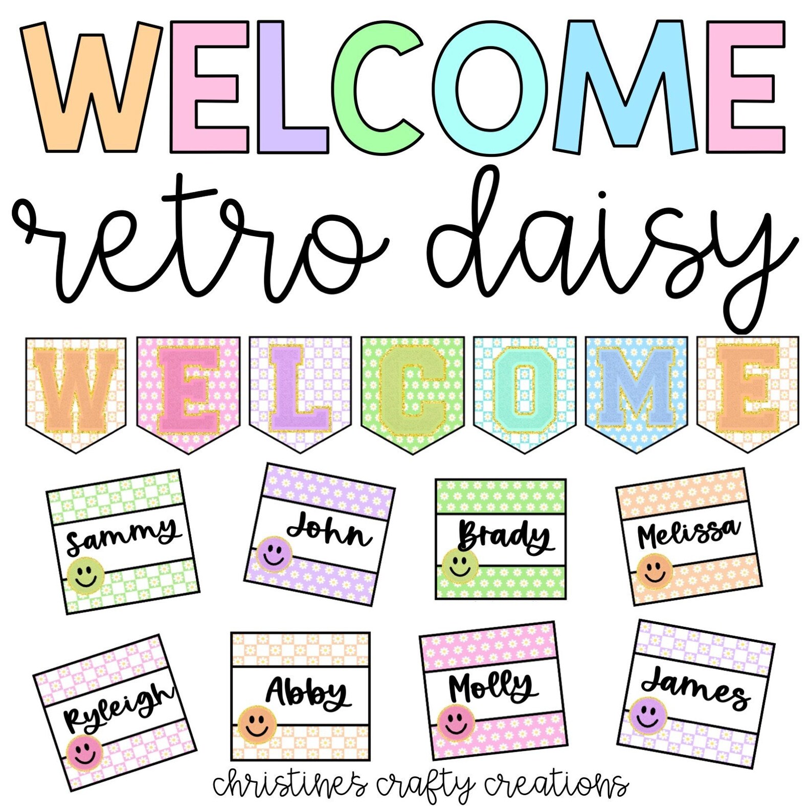 Retro Daisy Welcome Sign L Editable Door Name Labels L Bulletin Board ...