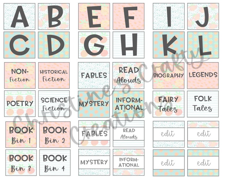 Pineapple Book Bin Labels L Editable - Etsy
