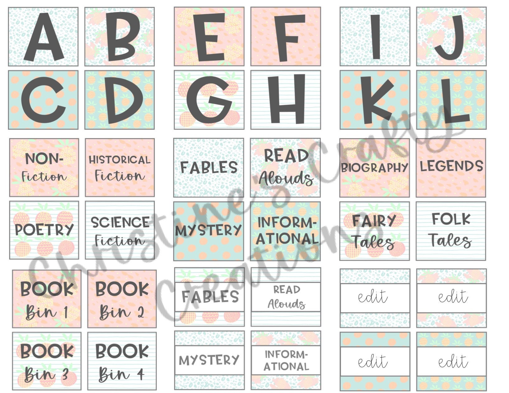 Pineapple Book Bin Labels L Editable - Etsy