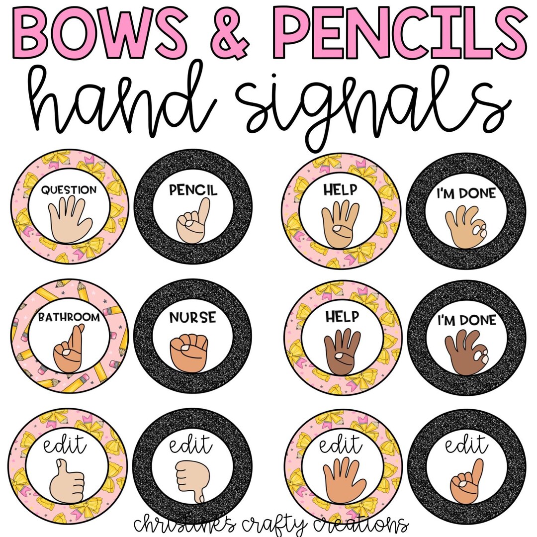 Coquette Bows and Pencils Hand Signals L Multicultural and Editable - Etsy