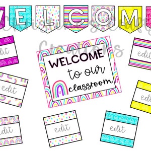 Bright Rainbow Boho Welcome Sign L Editable Door Name Labels L Bulletin ...