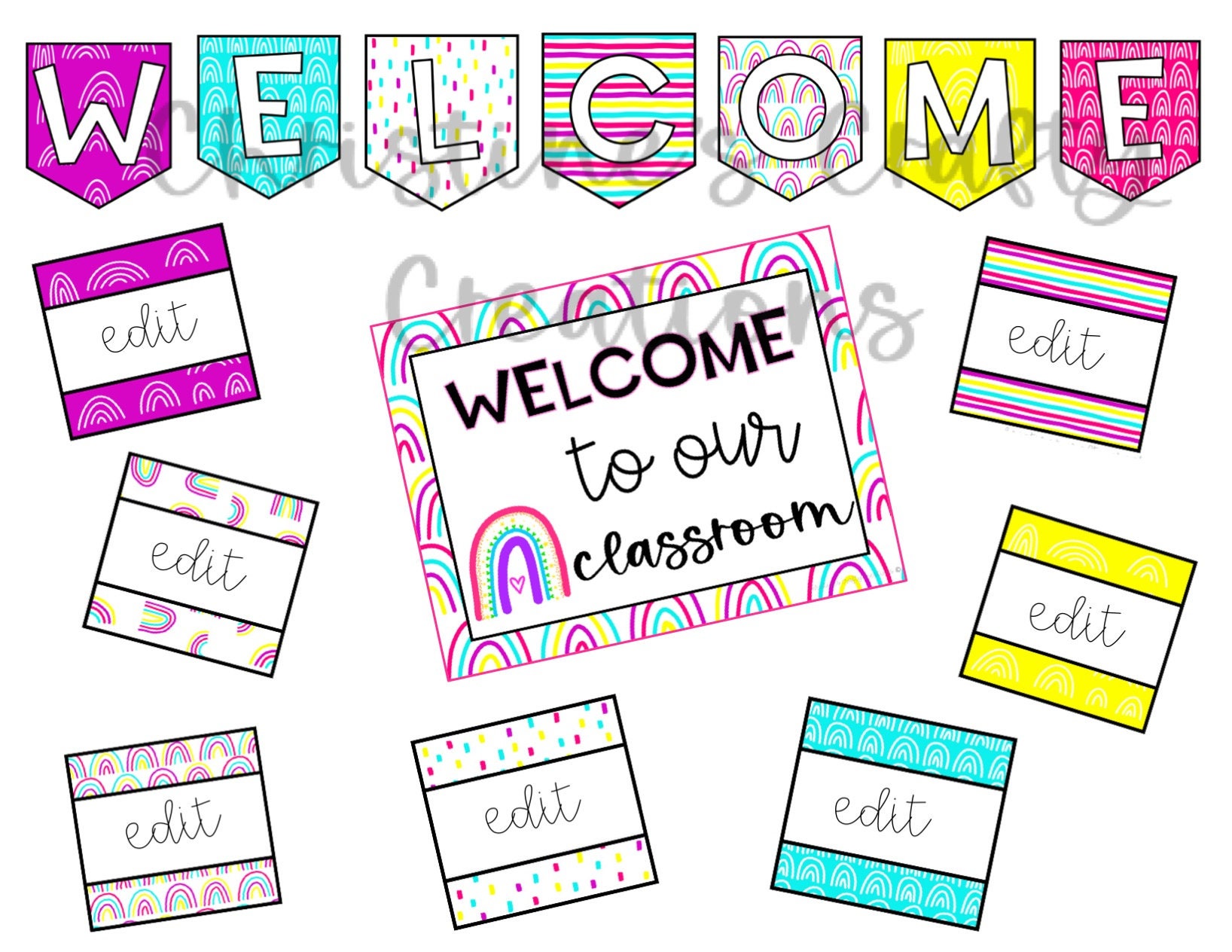 Bright Rainbow Boho Welcome Sign L Editable Door Name Labels L Bulletin ...