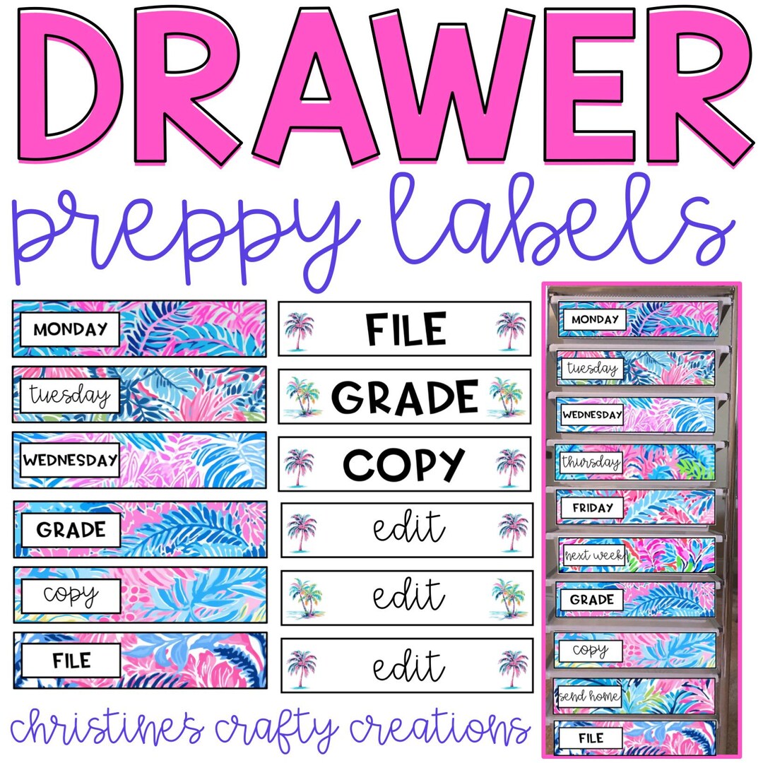 Preppy and Tropical 10 Drawer Labels L Editable - Etsy