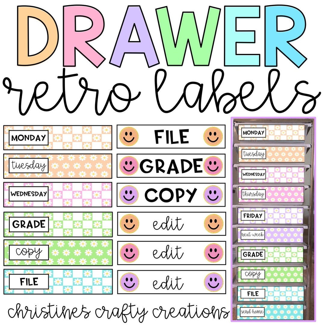 Retro Daisy 10 Drawer Labels L Editable - Etsy