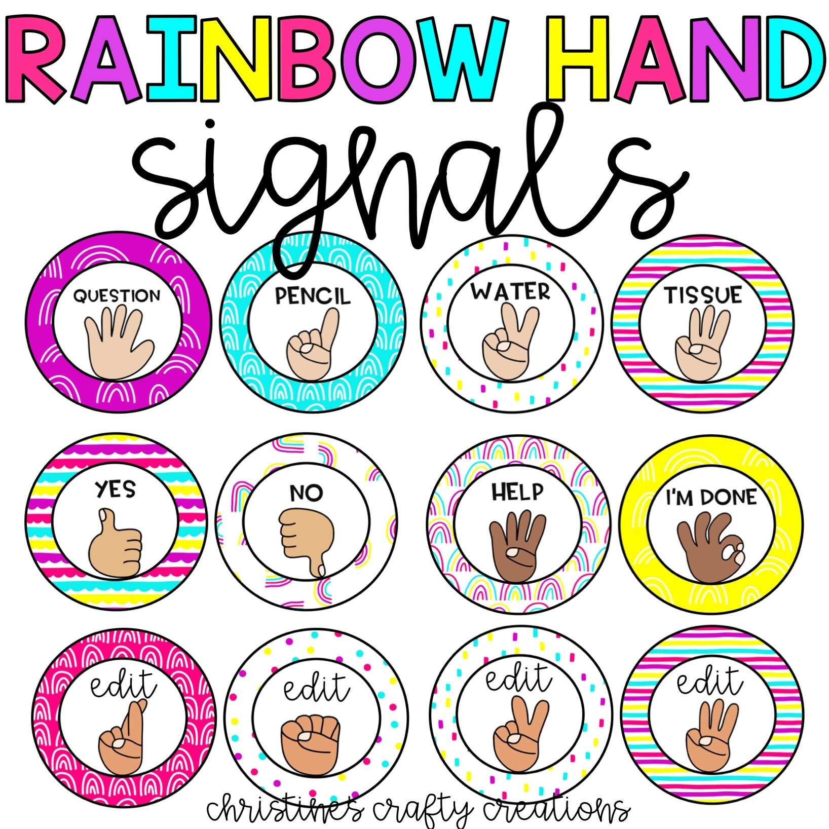 Bright Rainbow Boho Hand Signals L Multicultural and Editable - Etsy